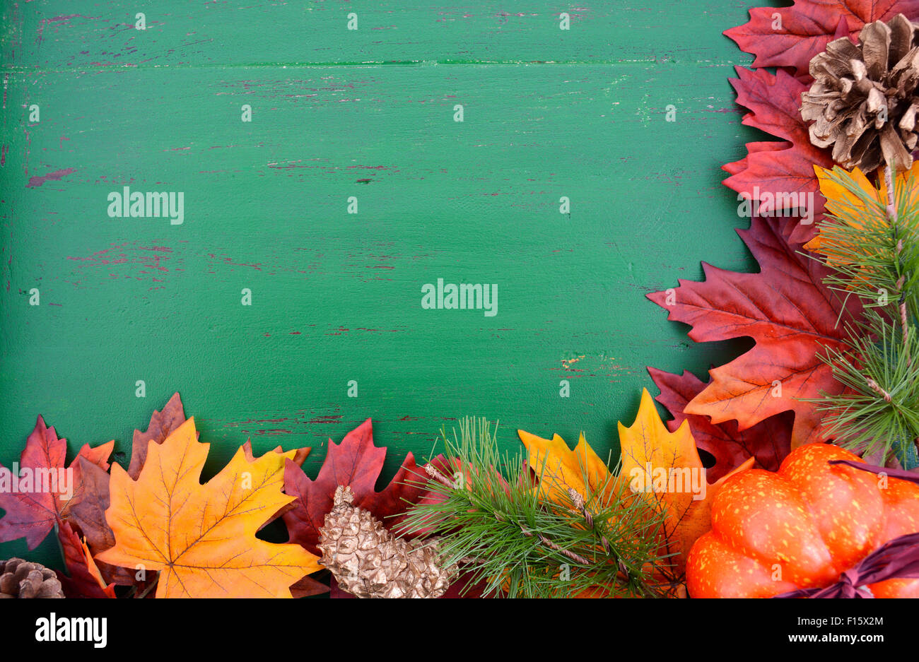 Autumn Fall rustic background on green vintage distressed wood with ...