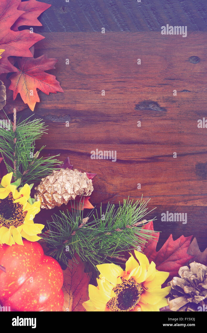 Autumn Fall rustic background on vintage distressed dark wood with ...
