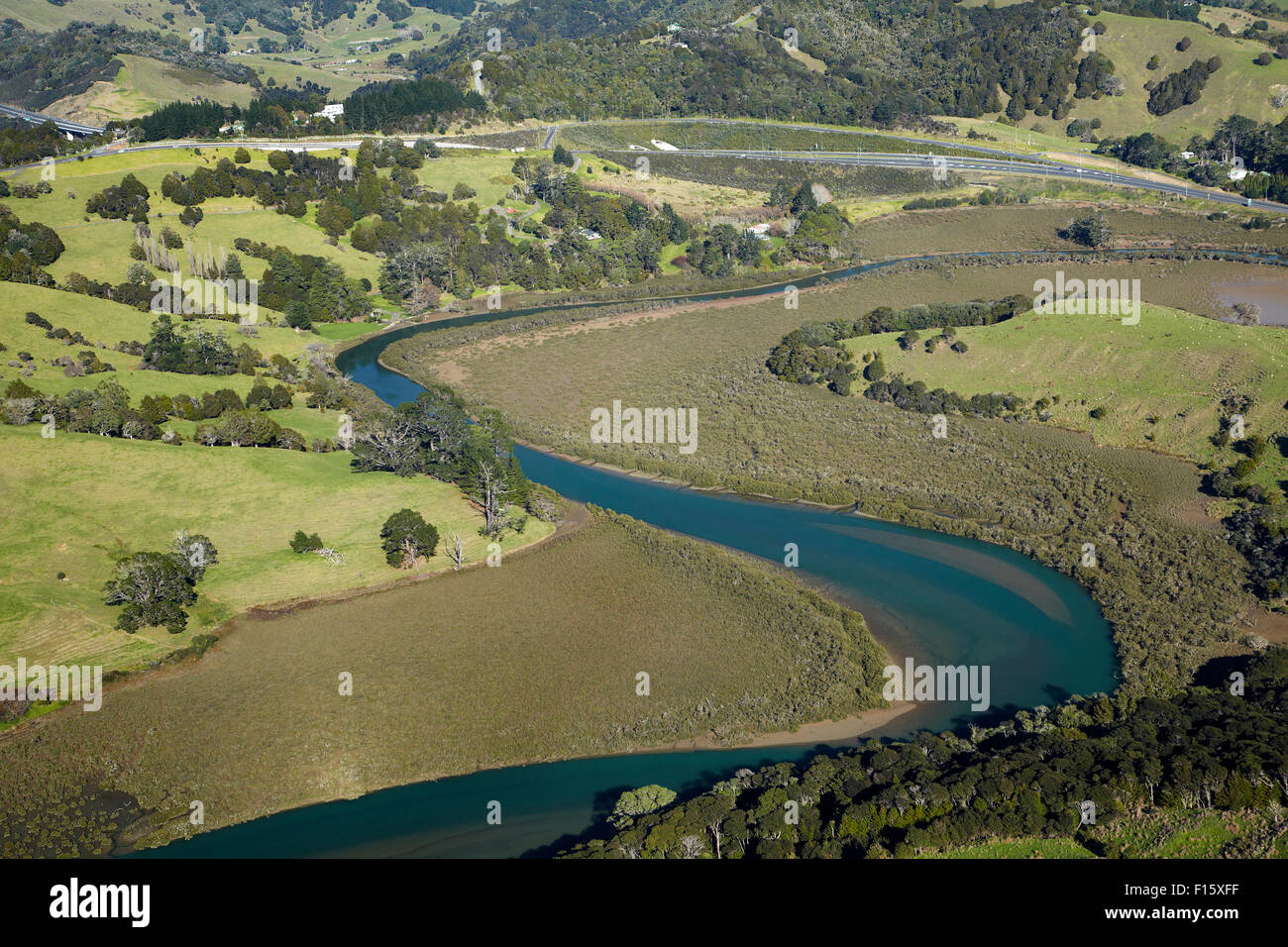 Puhoi River, North Auckland, North Island, New Zealand - aerial Stock ...