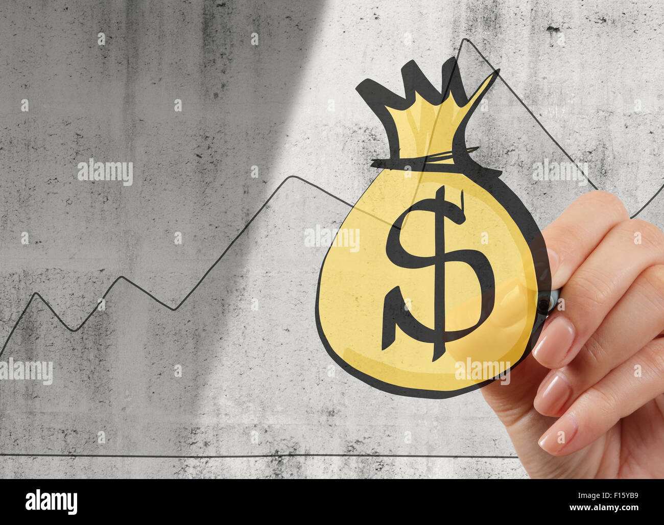 hand drawing dollar sign bag and graph on texture background as concept ...