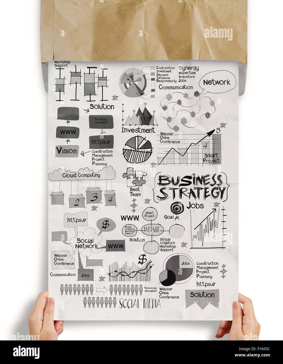 hand paper with business strategy on crumpled paper background envelope ...