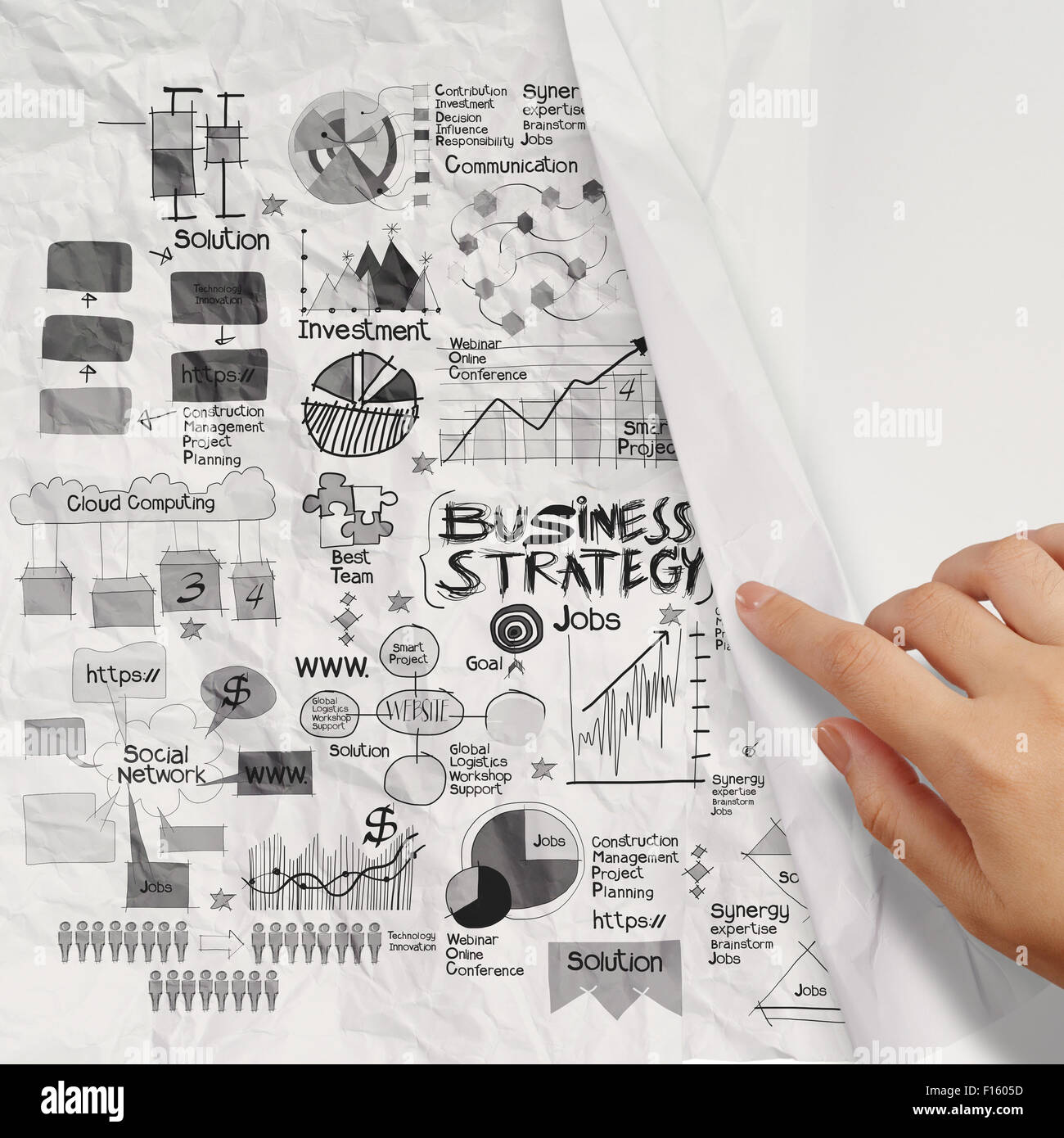 hand drawn point business strategy on crumpled paper background as ...