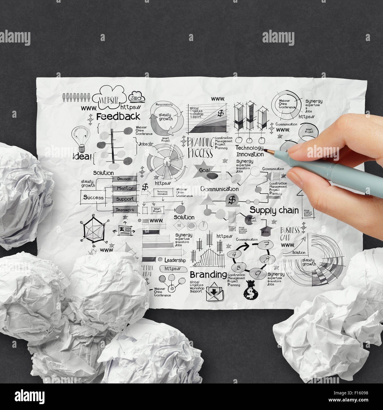 hand drawing business strategy on crumpled paper background as concept ...