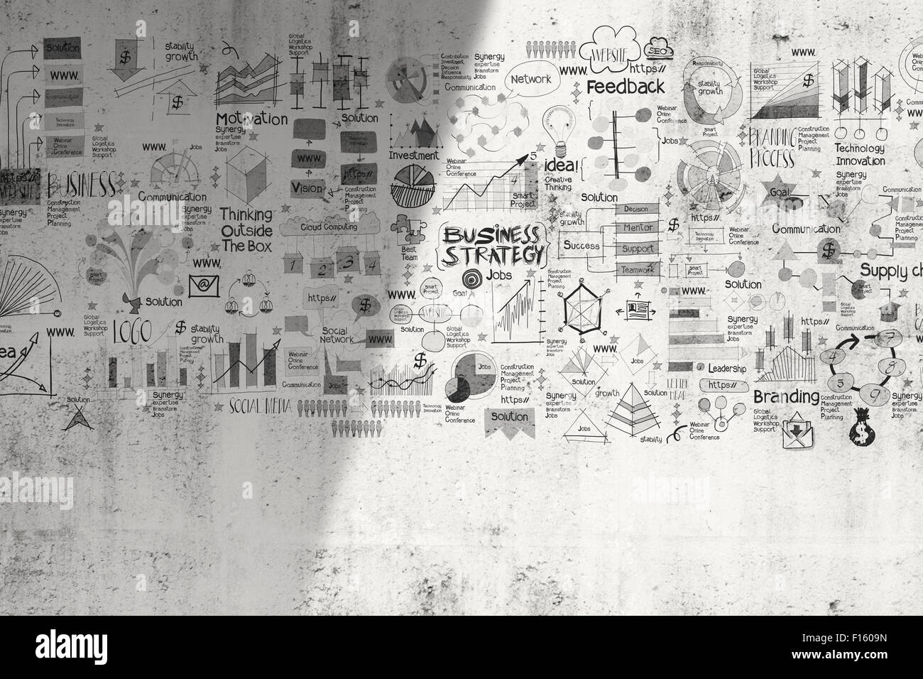 hand drawn business concept and strategey on texture wall background as ...