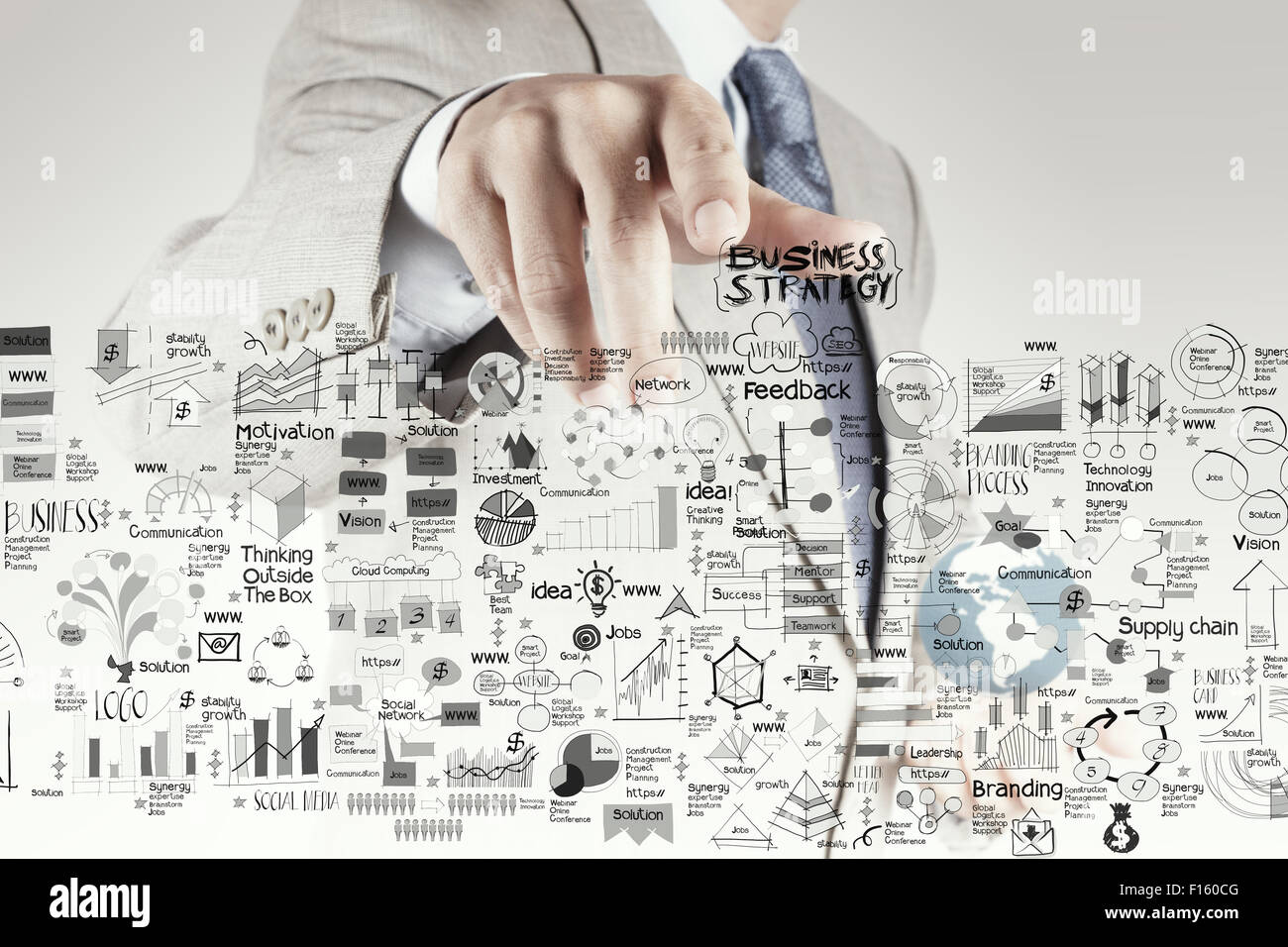 businessman hand pointing business strategy and success diagram as ...