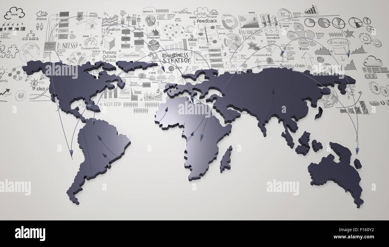 social network 3d on world map and hand drawn business strategy as ...