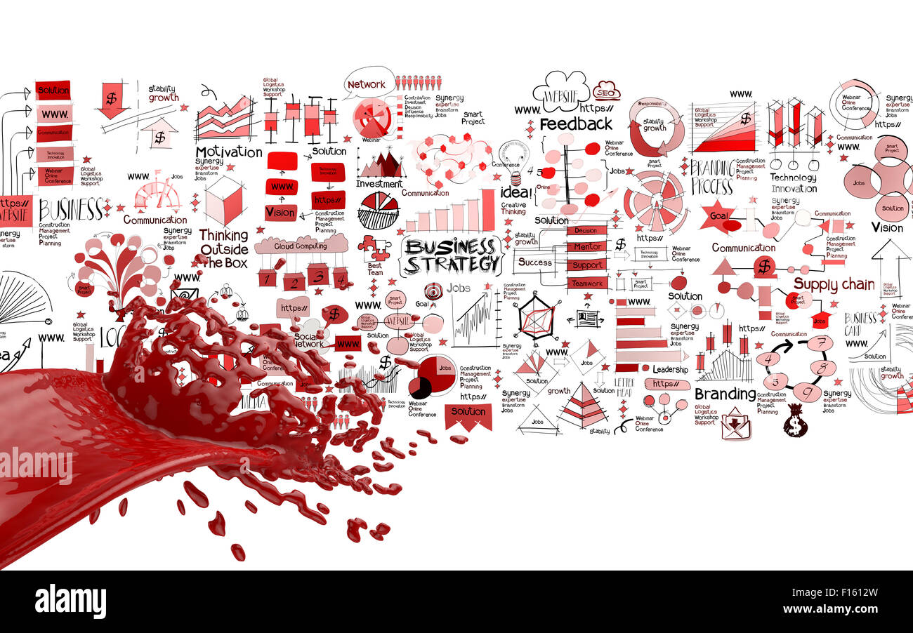 3D paint red color splash and hand drawn business strategy background ...