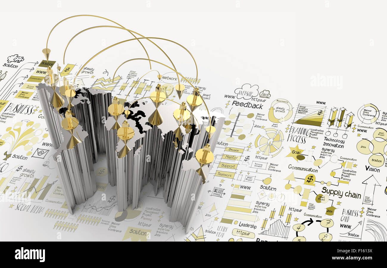 social network 3d on world map and hand drawn business strategy as ...