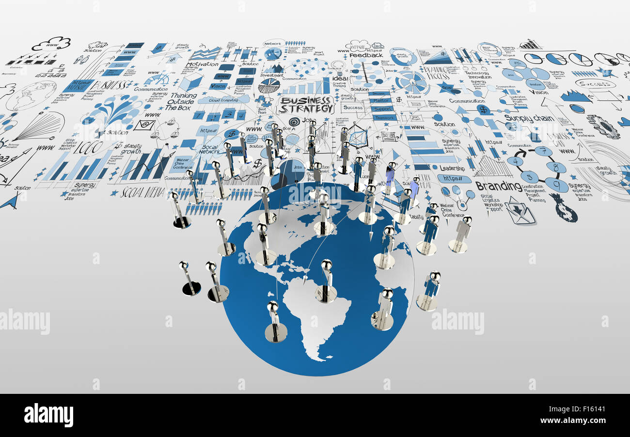 social network human 3d on the world map and hand drawn business ...