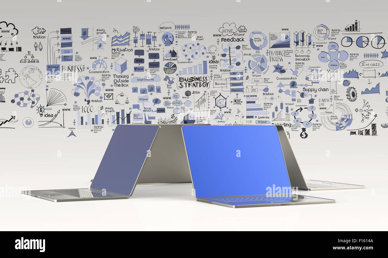 3d laptop computer and hand drawn business diagram as concept Stock ...