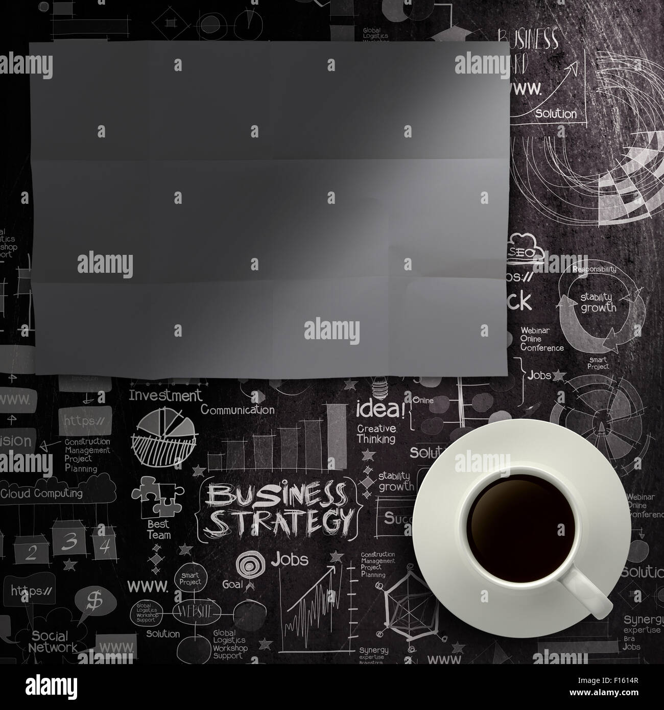 blank dark sheet paper and coffee cup on hand drawn business strategy ...