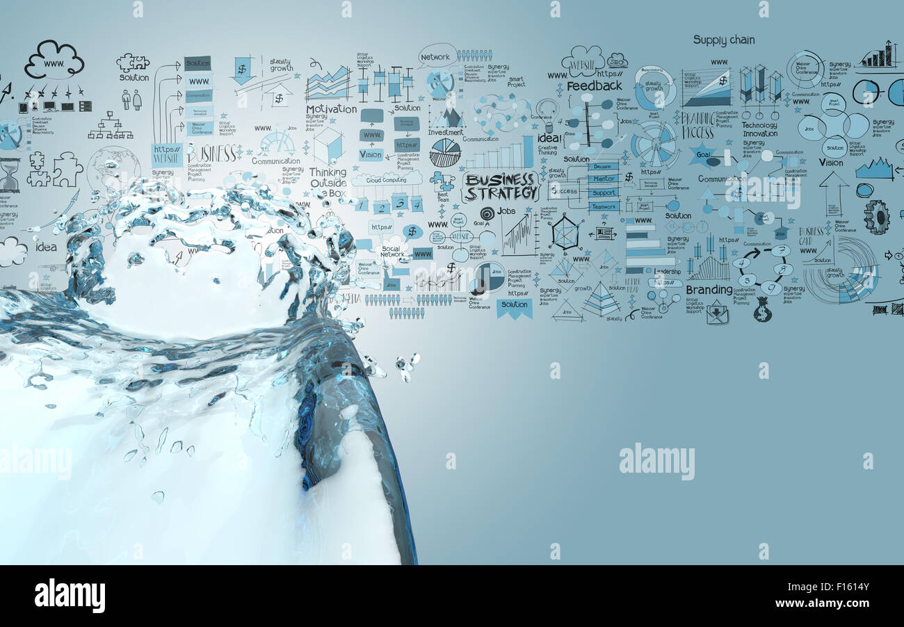 3D paint water color splash and hand drawn business strategy background ...