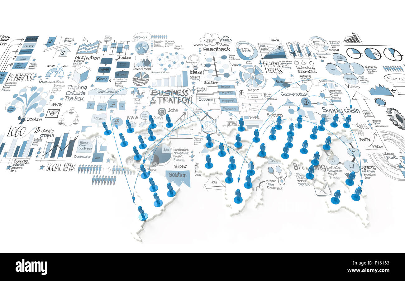 social network 3d on world map and hand drawn business strategy as ...
