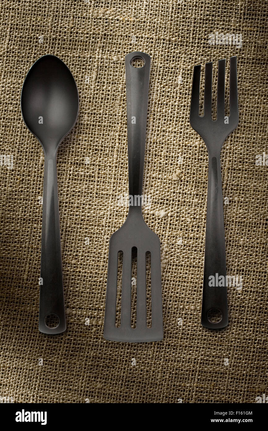 Kitchen utensil collection set on sack background Stock Photo - Alamy