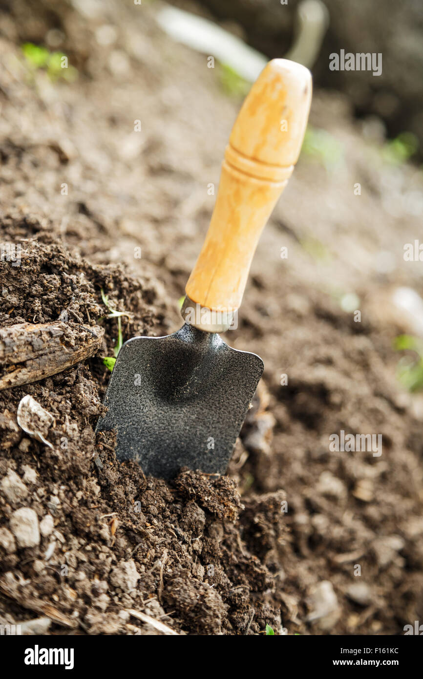 Soil with small shovel in summer day Stock Photo - Alamy