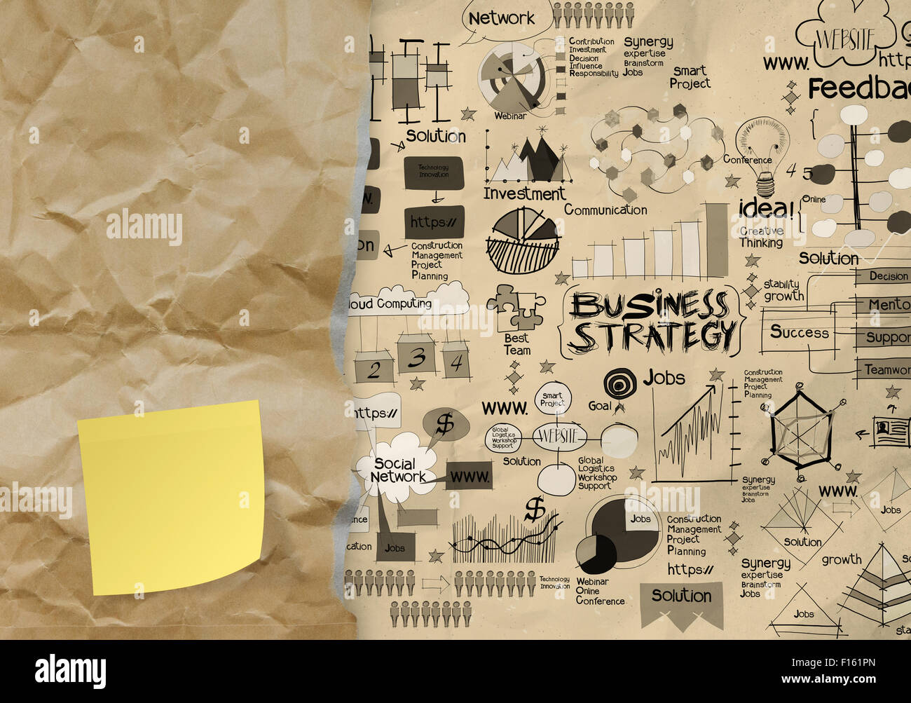 blank sticky note with hand draw business strategy on crumpled paper ...