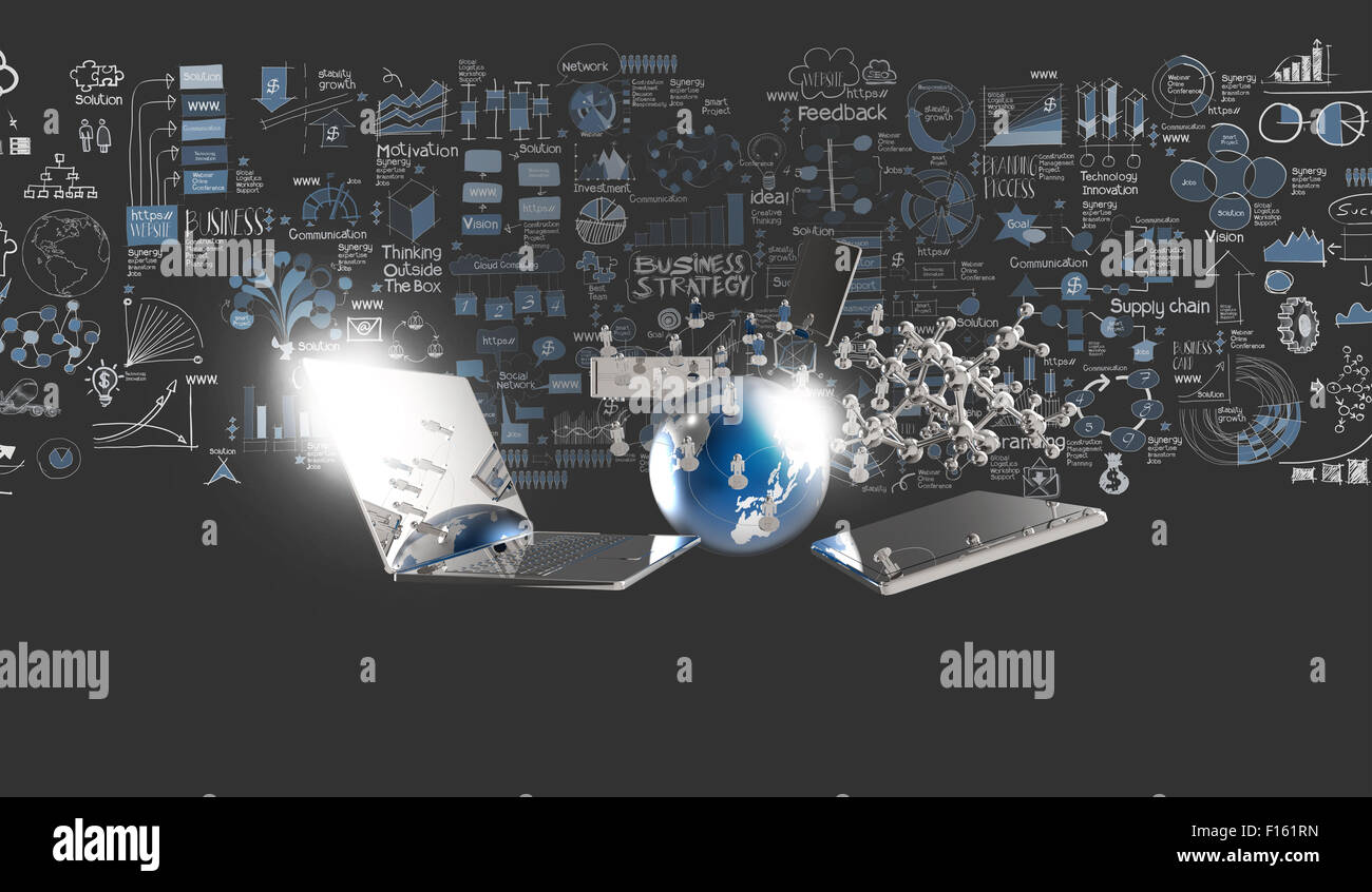 world of media network 3d and hand drawn business strategy as concept ...