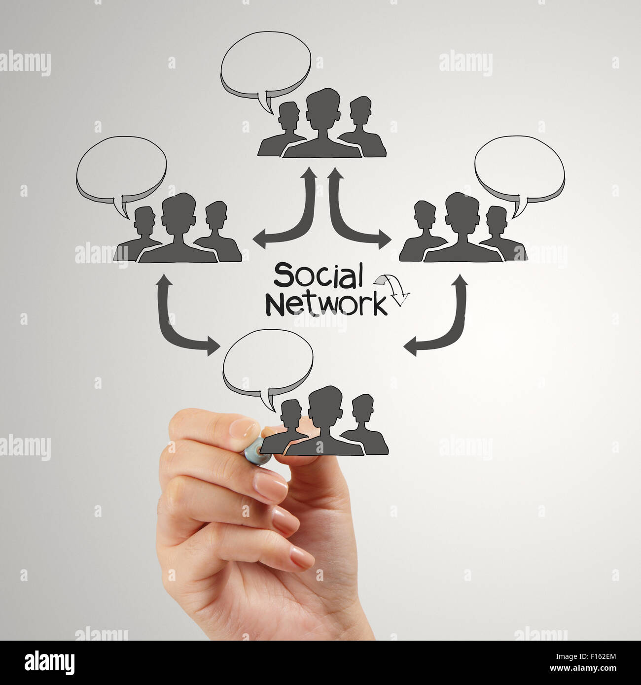 close up hand drawing with new modern computer show social network ...