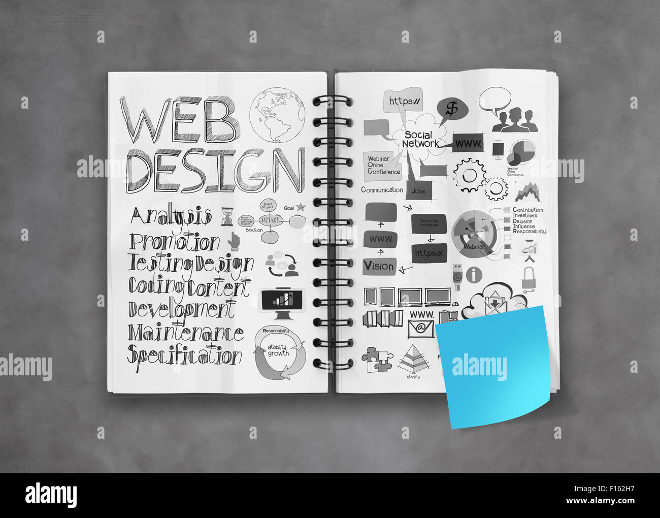 blamk sticky note with book of hand drawn web design diagram background ...