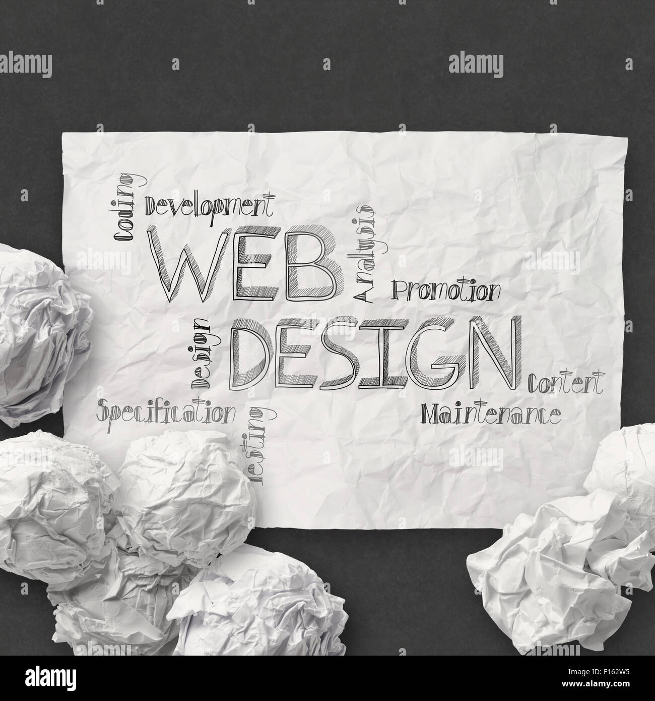 hand drawn web design diagram on crumpled paper background as concept ...