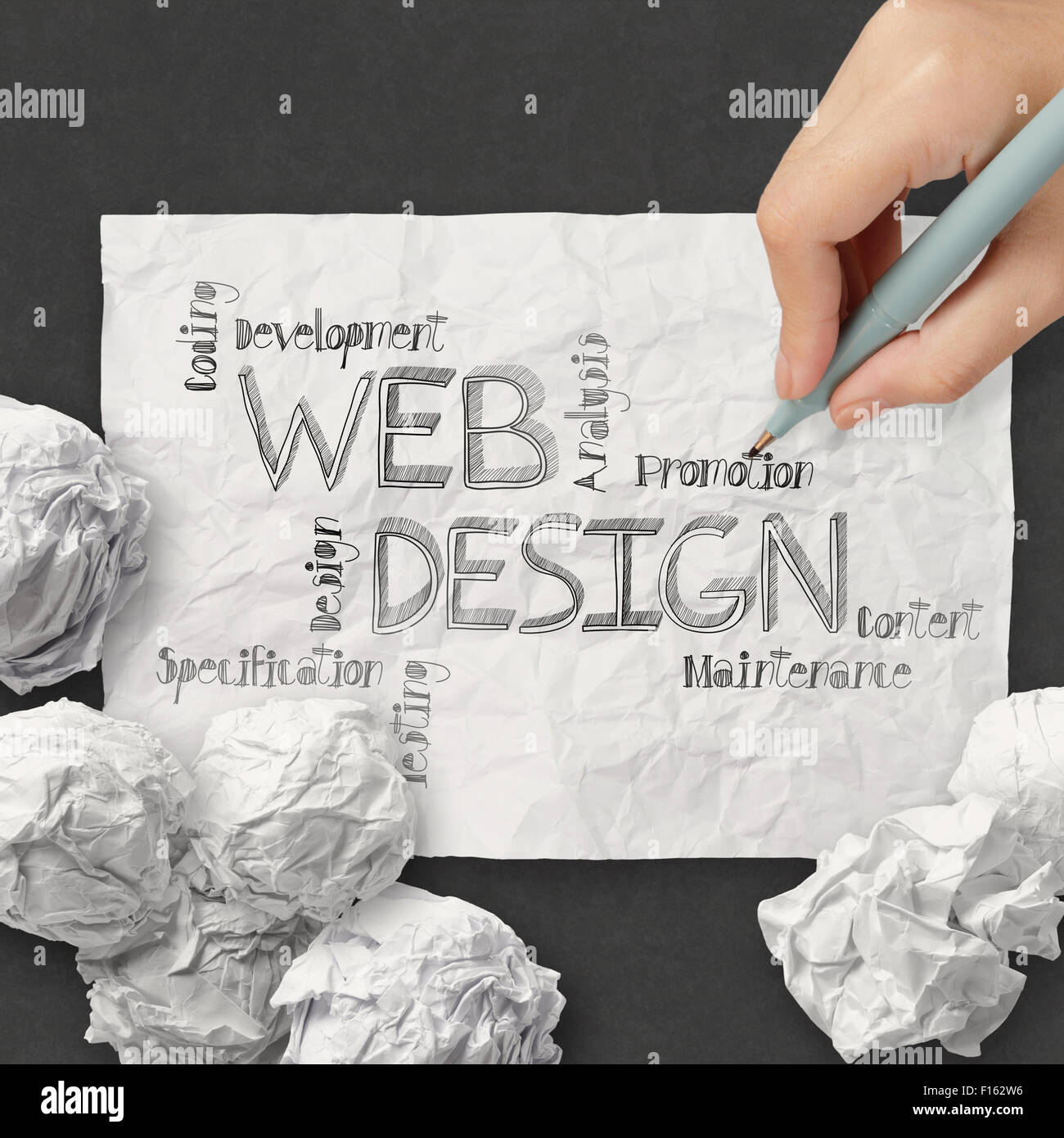 hand drawn web design diagram on crumpled paper background as concept ...