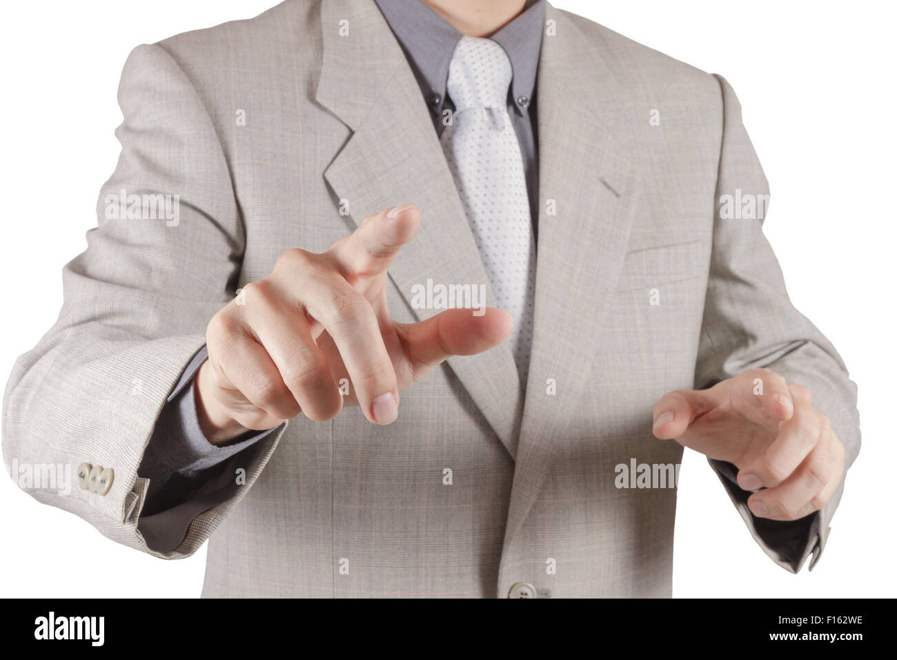 Businessman hand pressing an imaginary button on virtual screen Stock ...
