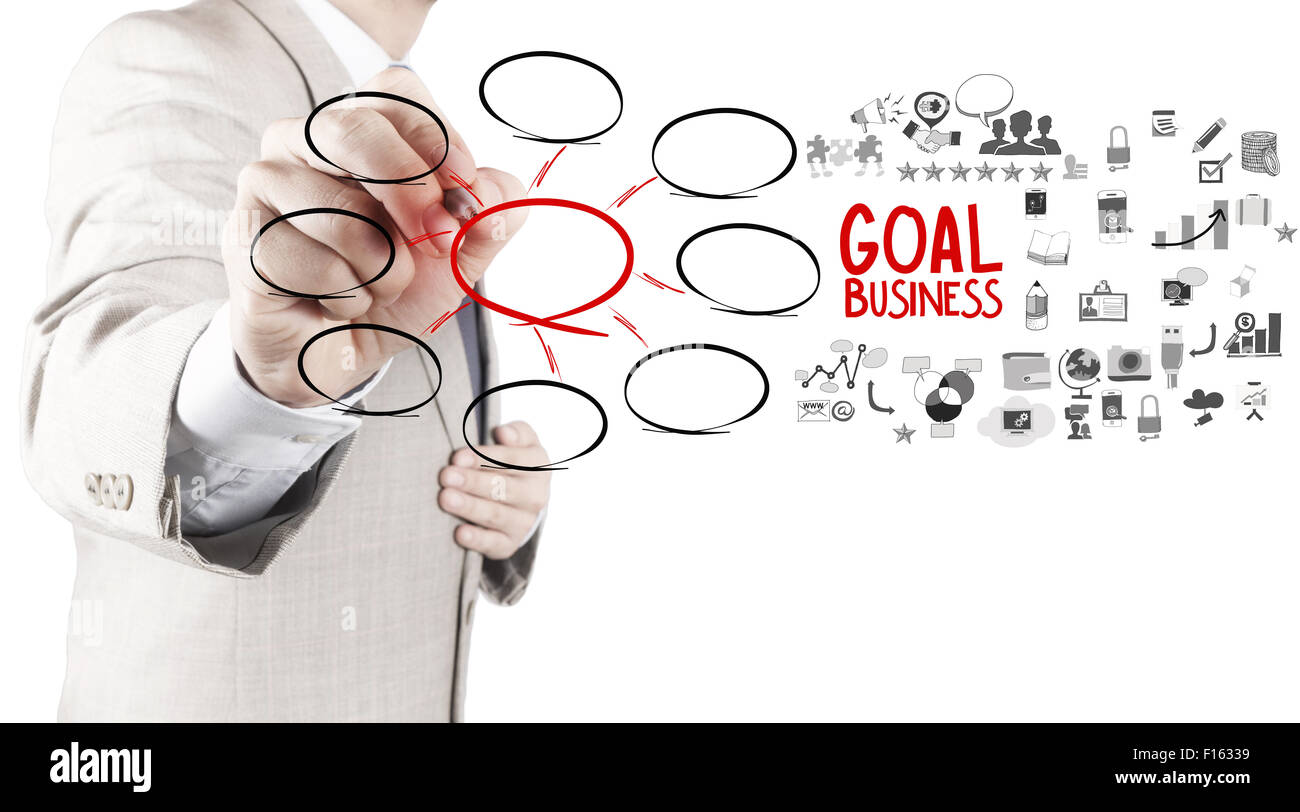 businessman hand drawing blank diagram and goal of business as concept ...