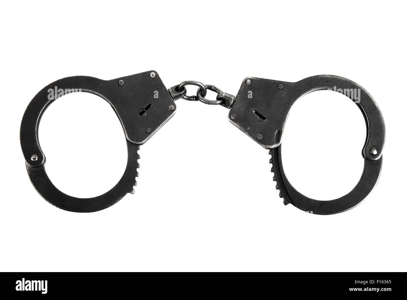 big black handcuffs, close-up, on white background; isolated Stock ...