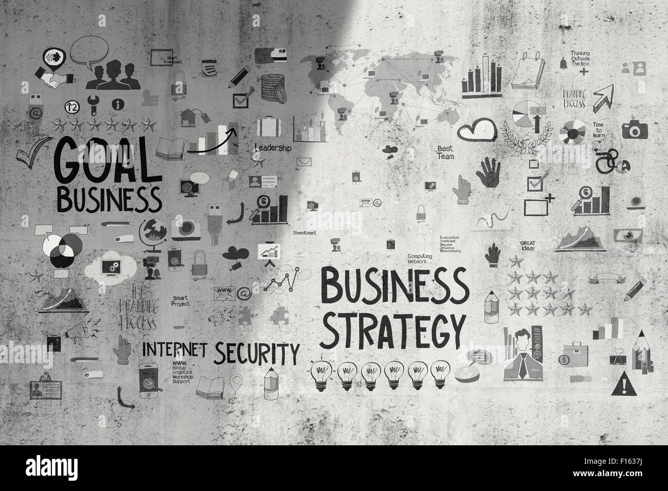 hand drawn business concept and strategey on texture wall background as ...
