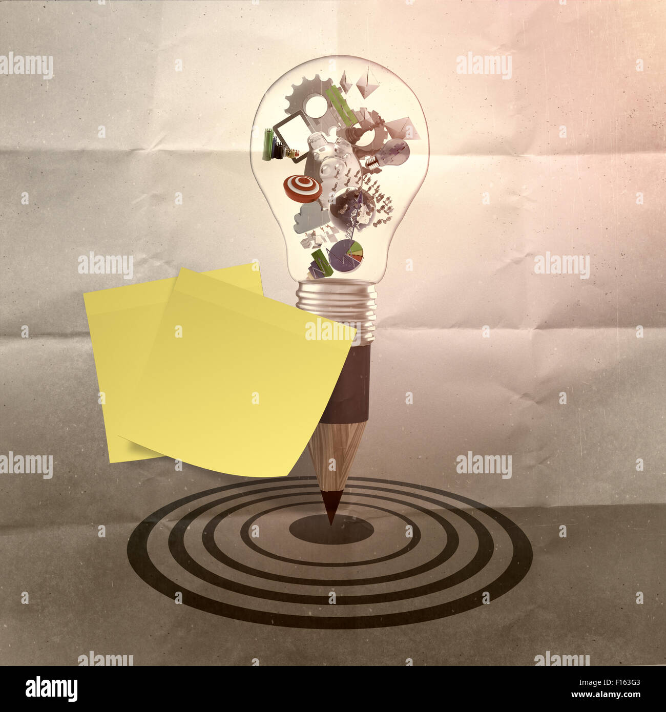 sticky note on creative design business as pencil lightbulb 3d as ...
