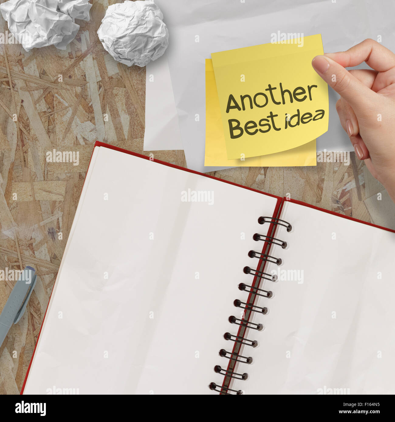 another idea word sticky notes with blank open note book on recycle ...