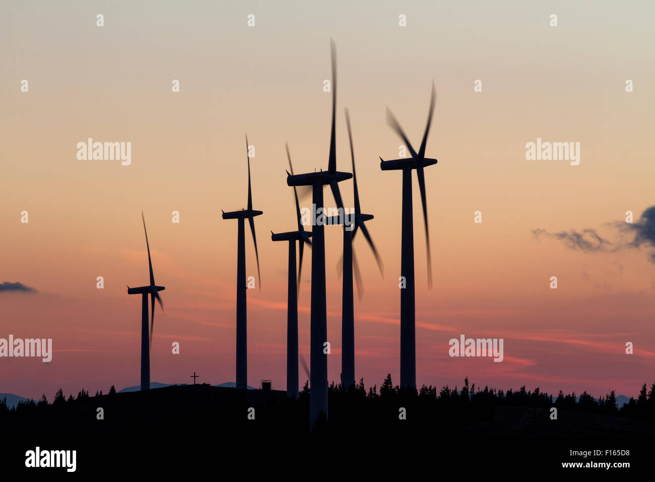 Wind turbines at sunset, Pretulalpe, Fischbacher Alps, Styria, Austria ...