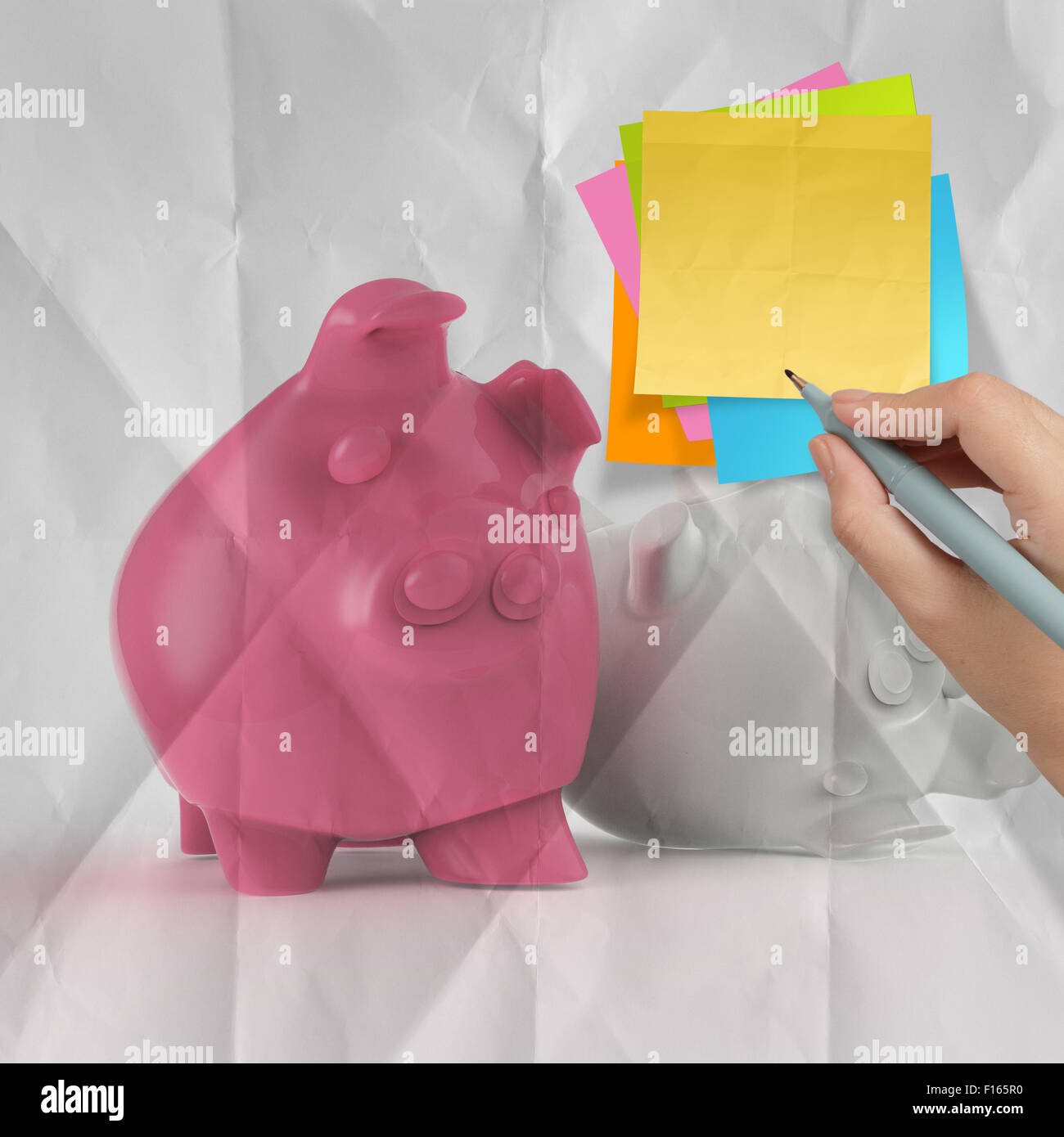 blank sticky note on piggy bank 3d standing another fall as concept ...