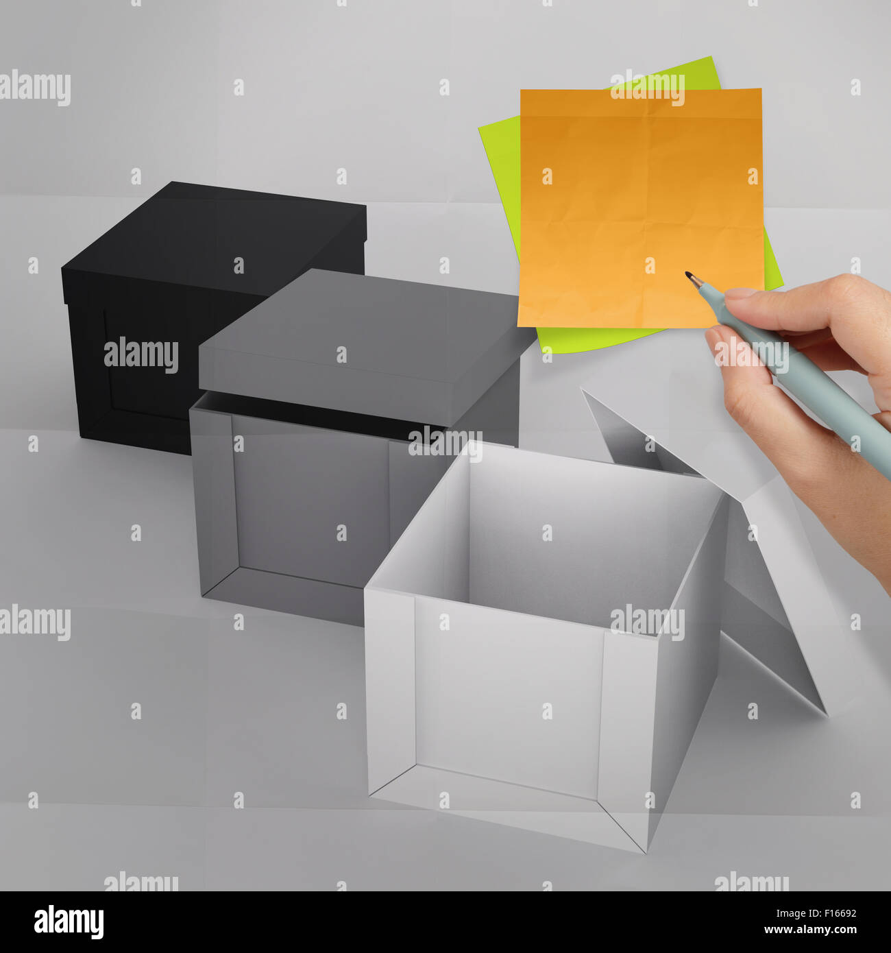 thinking outside the box on crumpled sticky note paper as concept Stock ...