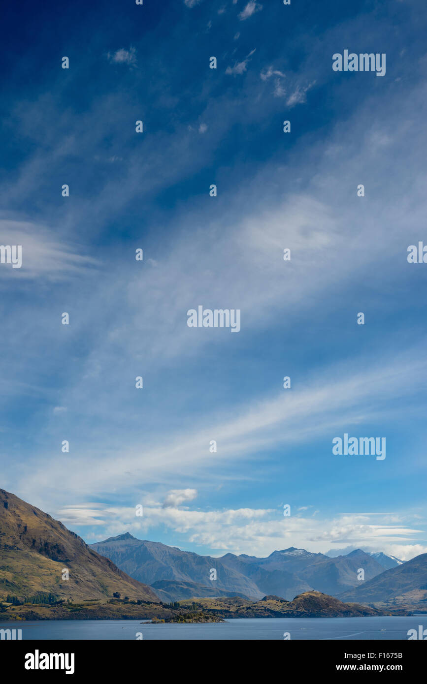 Elevated view of Lake Wanaka and Wanaka Town with blue sky Stock Photo ...