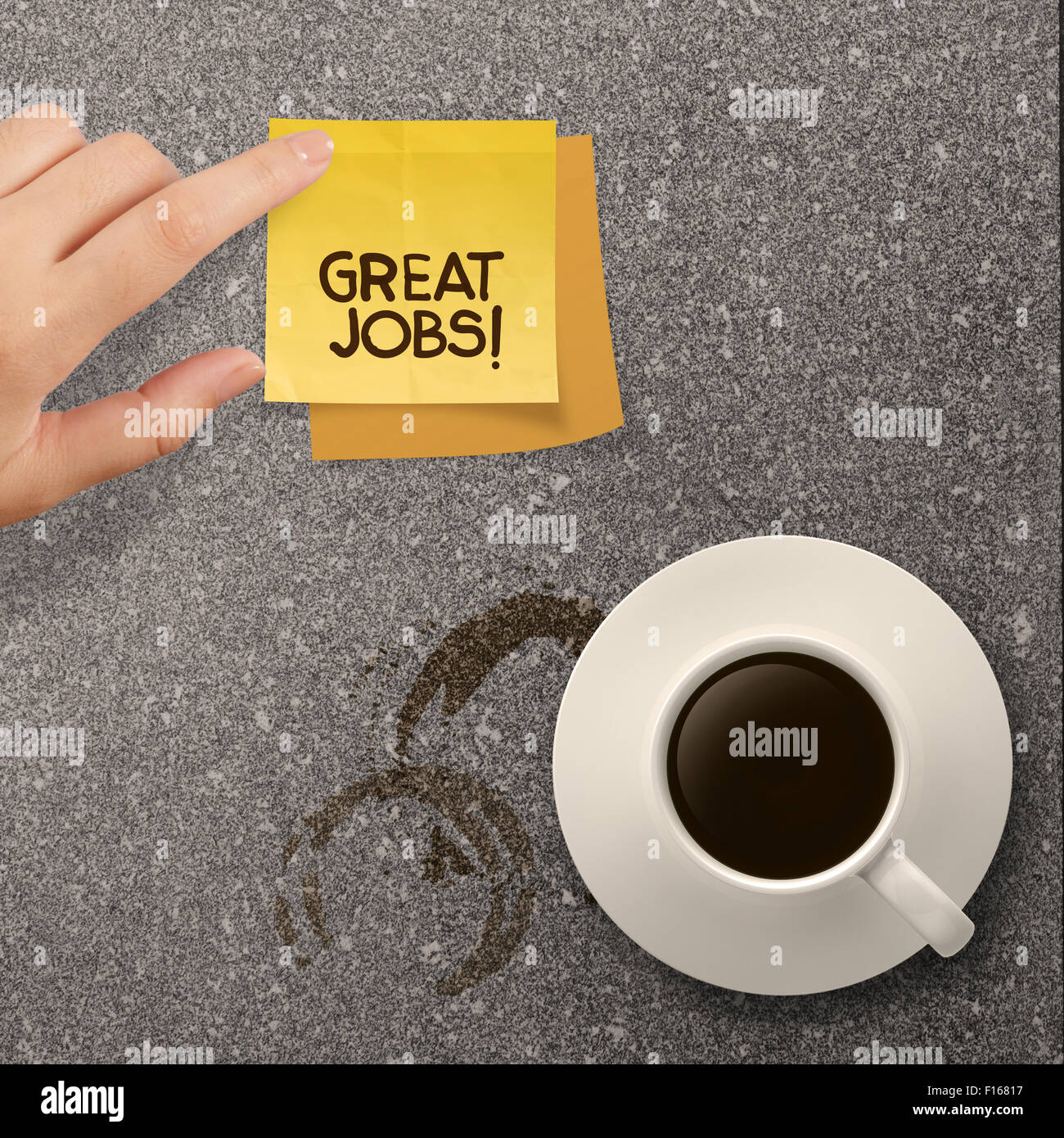 cup of coffee and sticky note great job word on stone top as concept ...