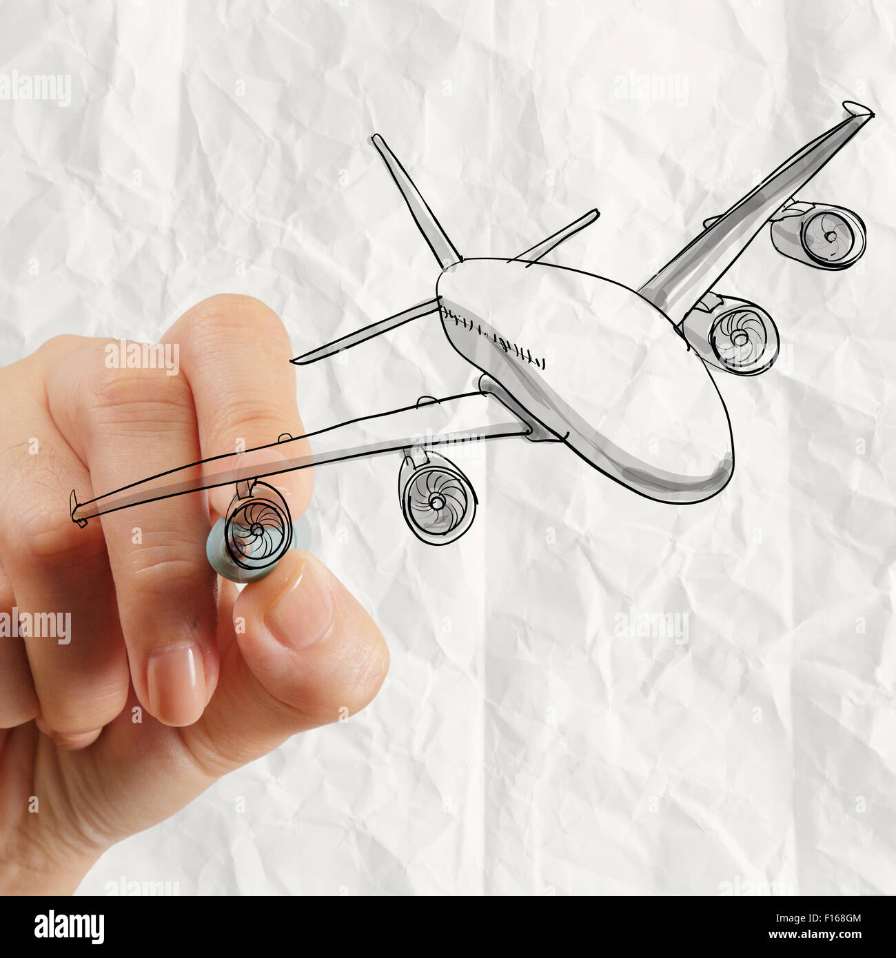 hand drawing airplane with crumpled paper background as concept Stock ...