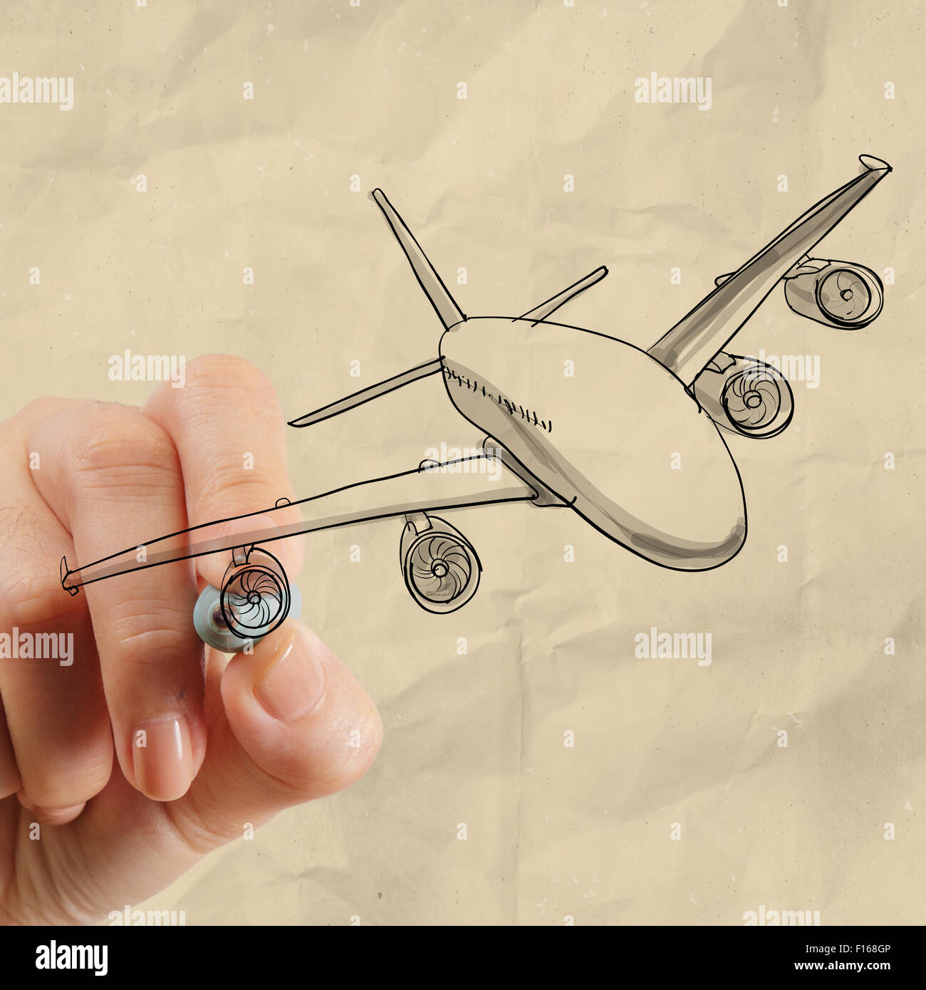 hand drawing airplane with crumpled paper background as concept Stock ...