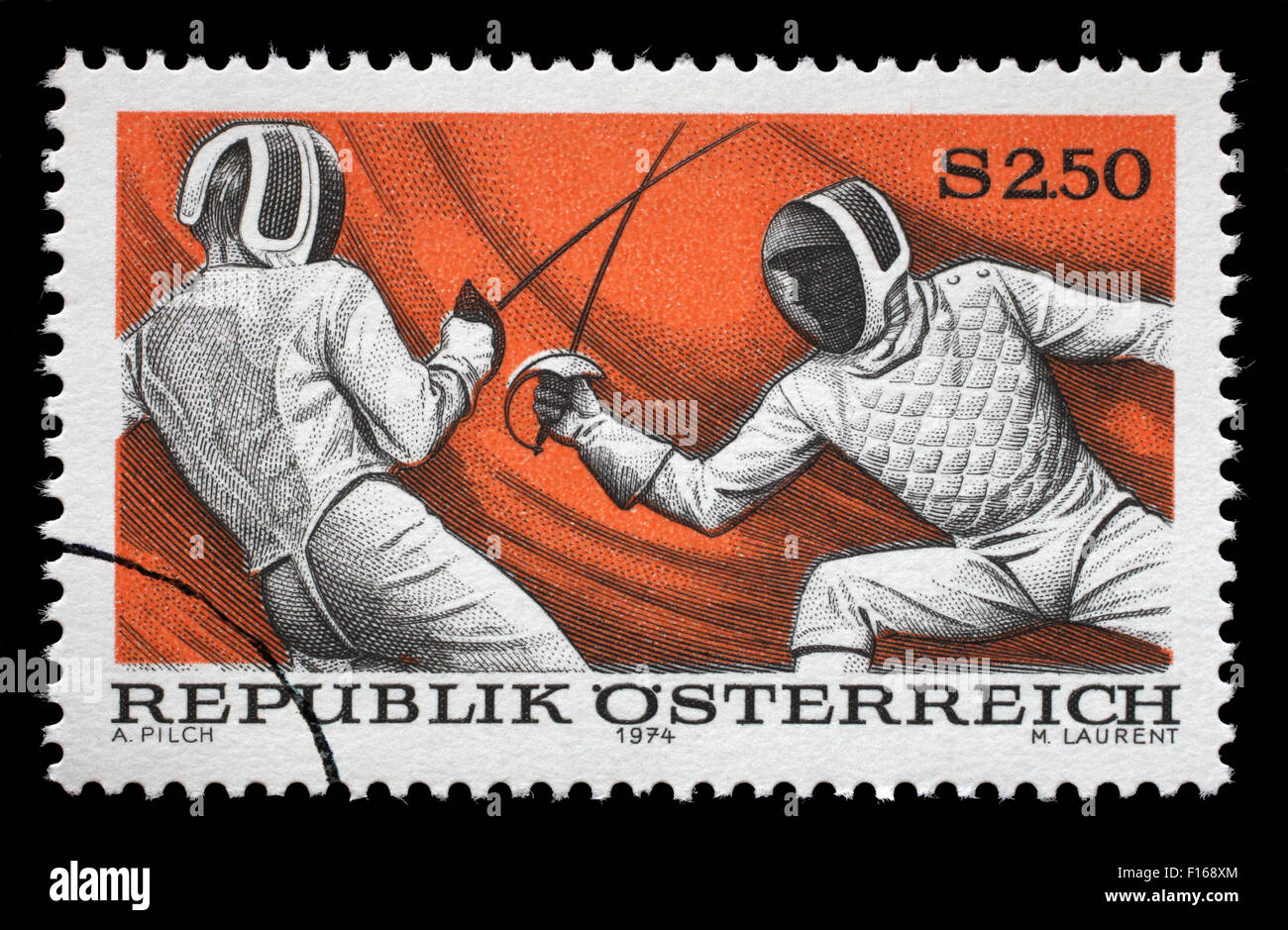 Stamp printed in Austria shows fencing, circa 1974 Stock Photo - Alamy
