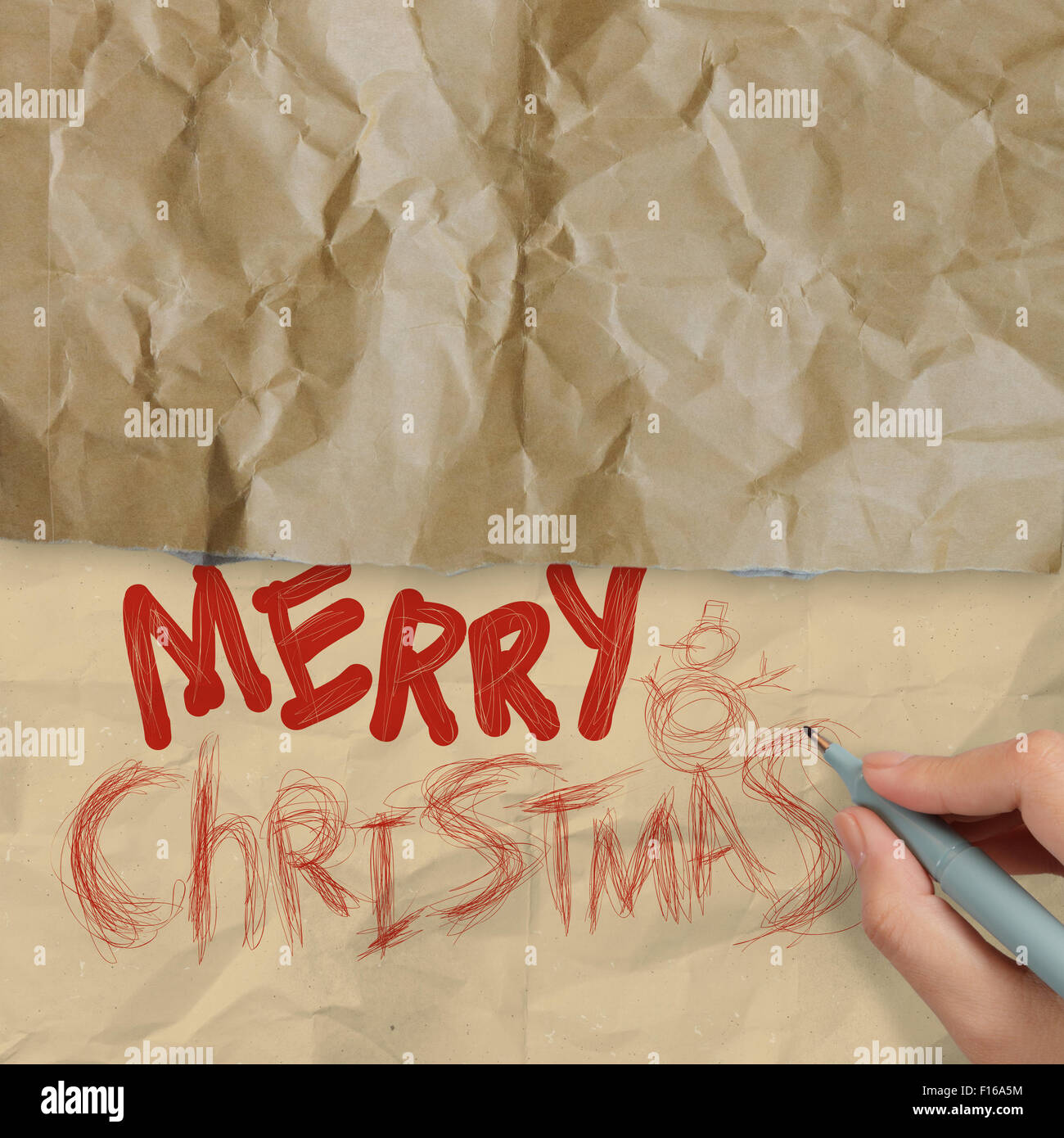 hand draws Christmas Card on wrinkled paper as vintage style concept ...