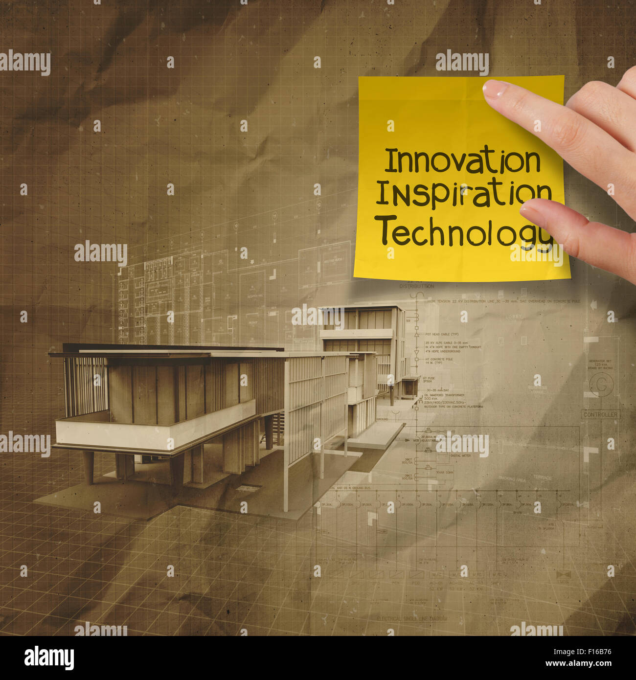 hand show innovation on sticky note with modern architectural on ...
