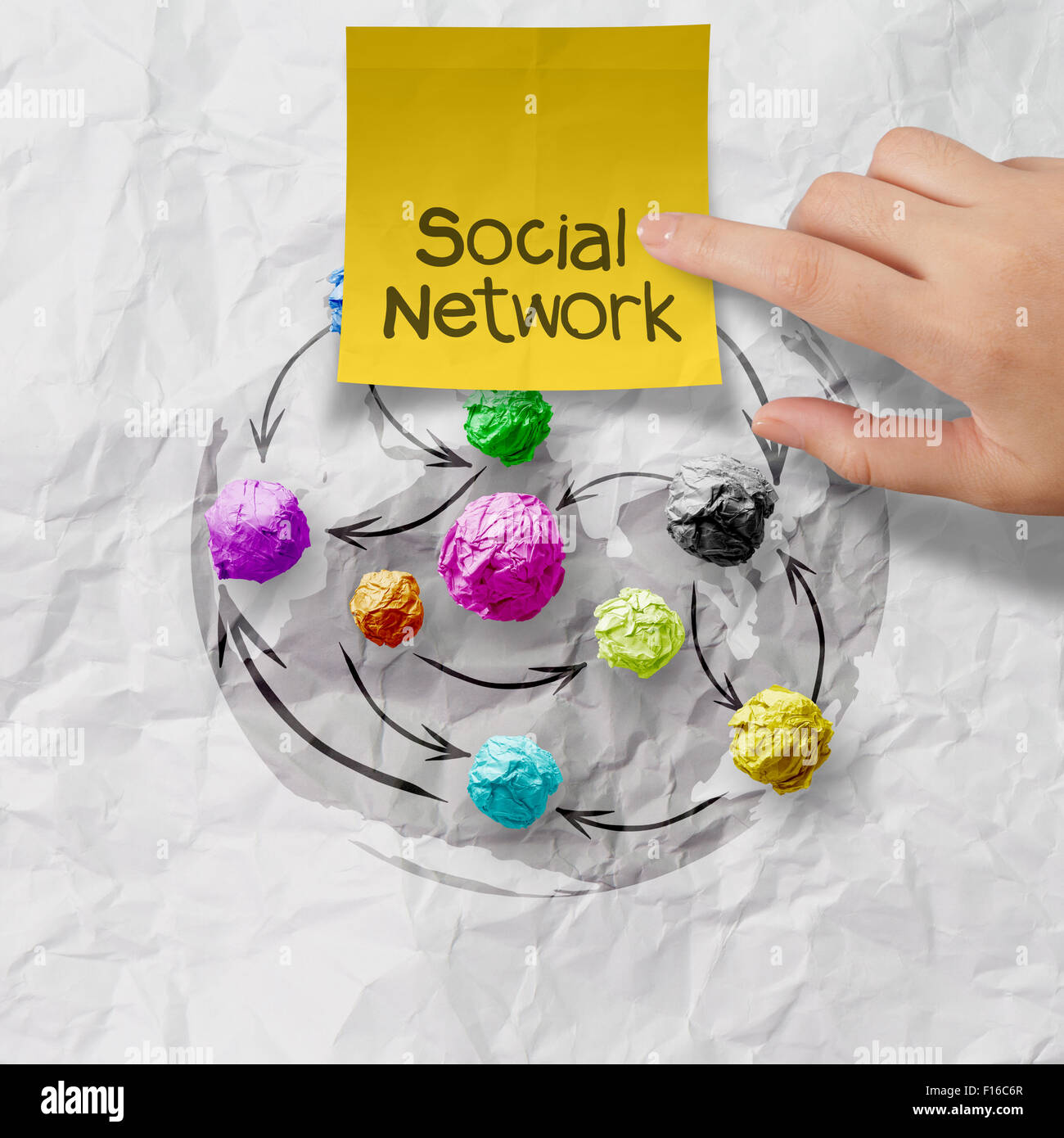 hand pushing sticky note social network on crumpled paper background as ...