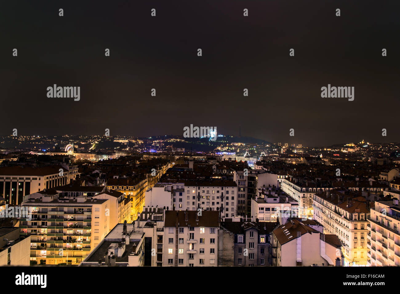 LYON, FRANCE - DECEMBER 6, 2014: panoramic night view of downtown in ...