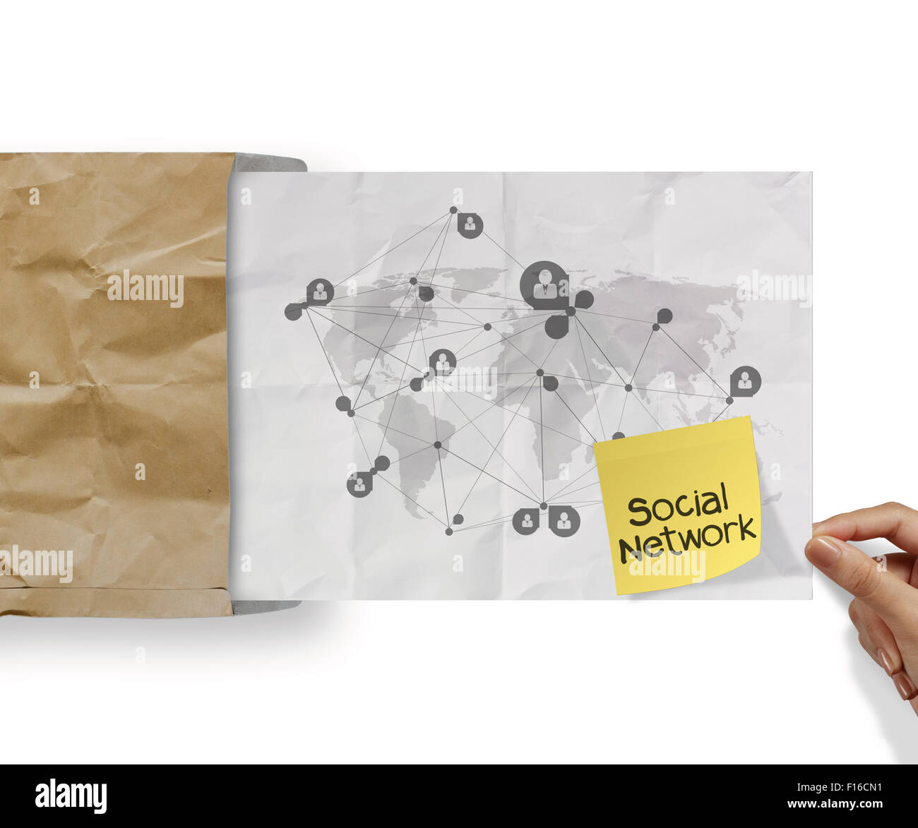 sticky note human social network on crumpled paper background as ...