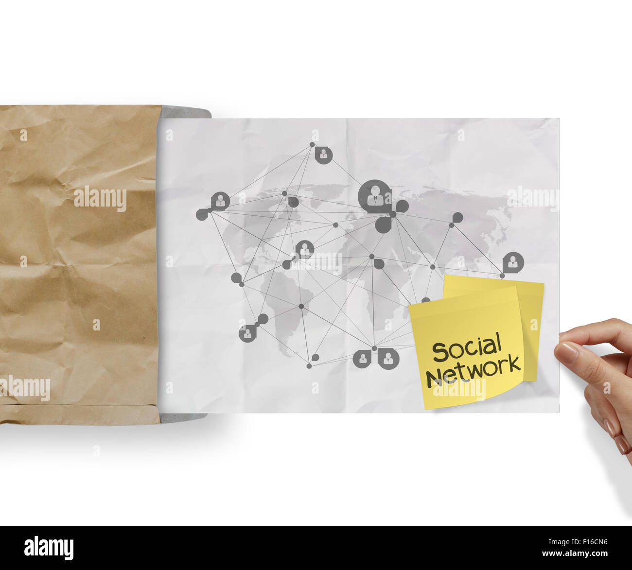 sticky note human social network on crumpled paper background as ...