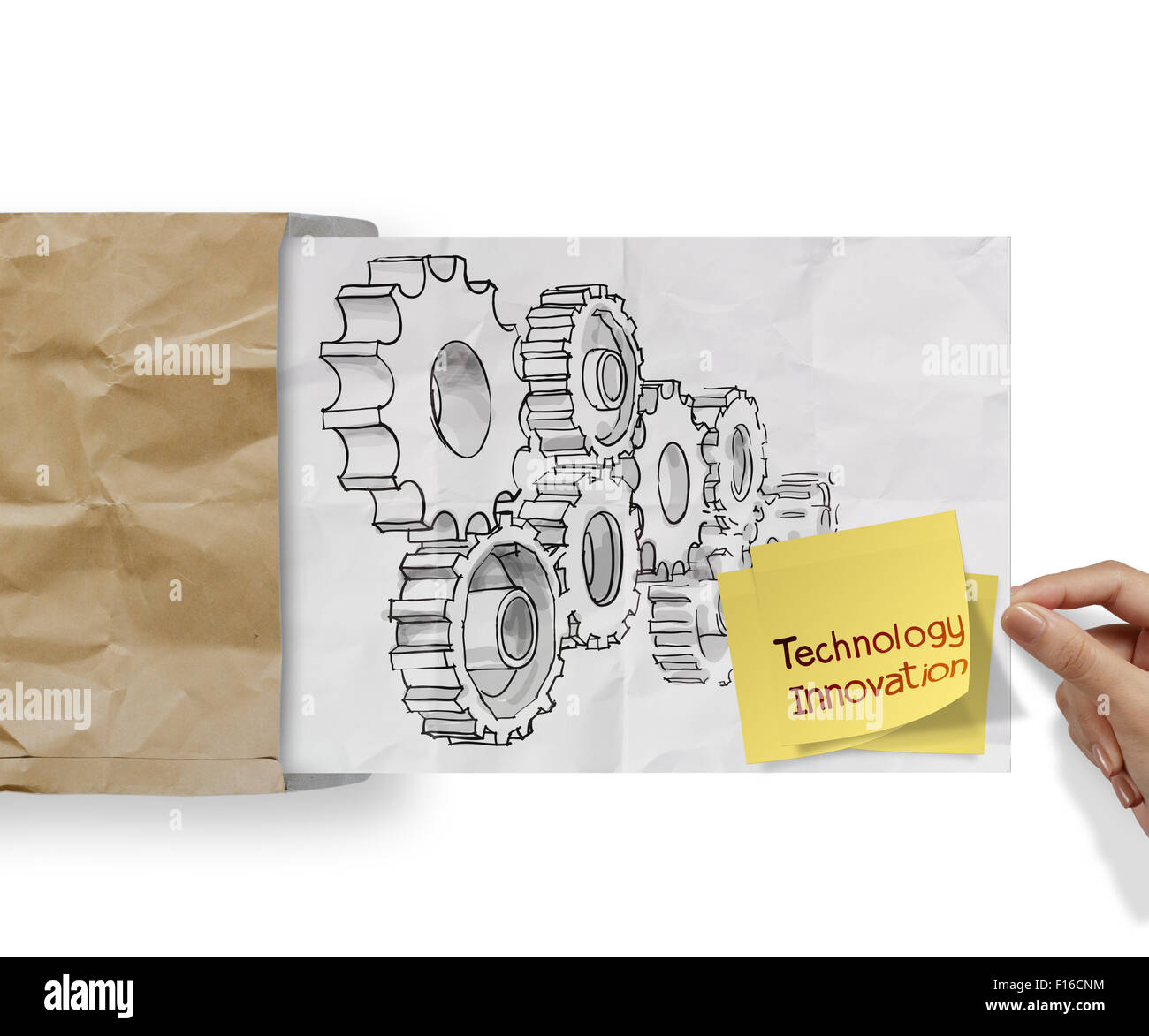 technology innovation sticky note with gear to success concept on ...
