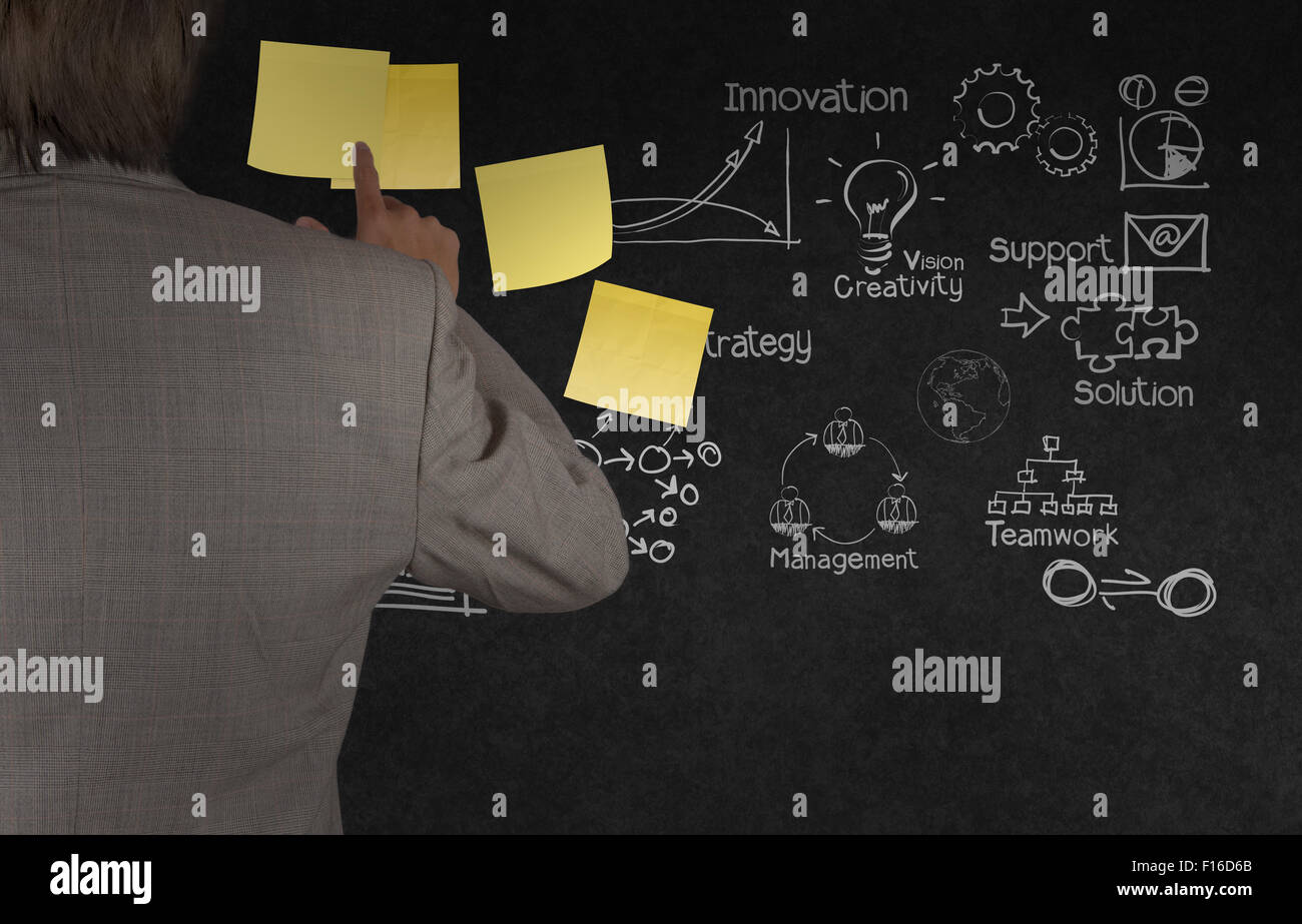 businessman hand touch sticky note with business strategy on black ...