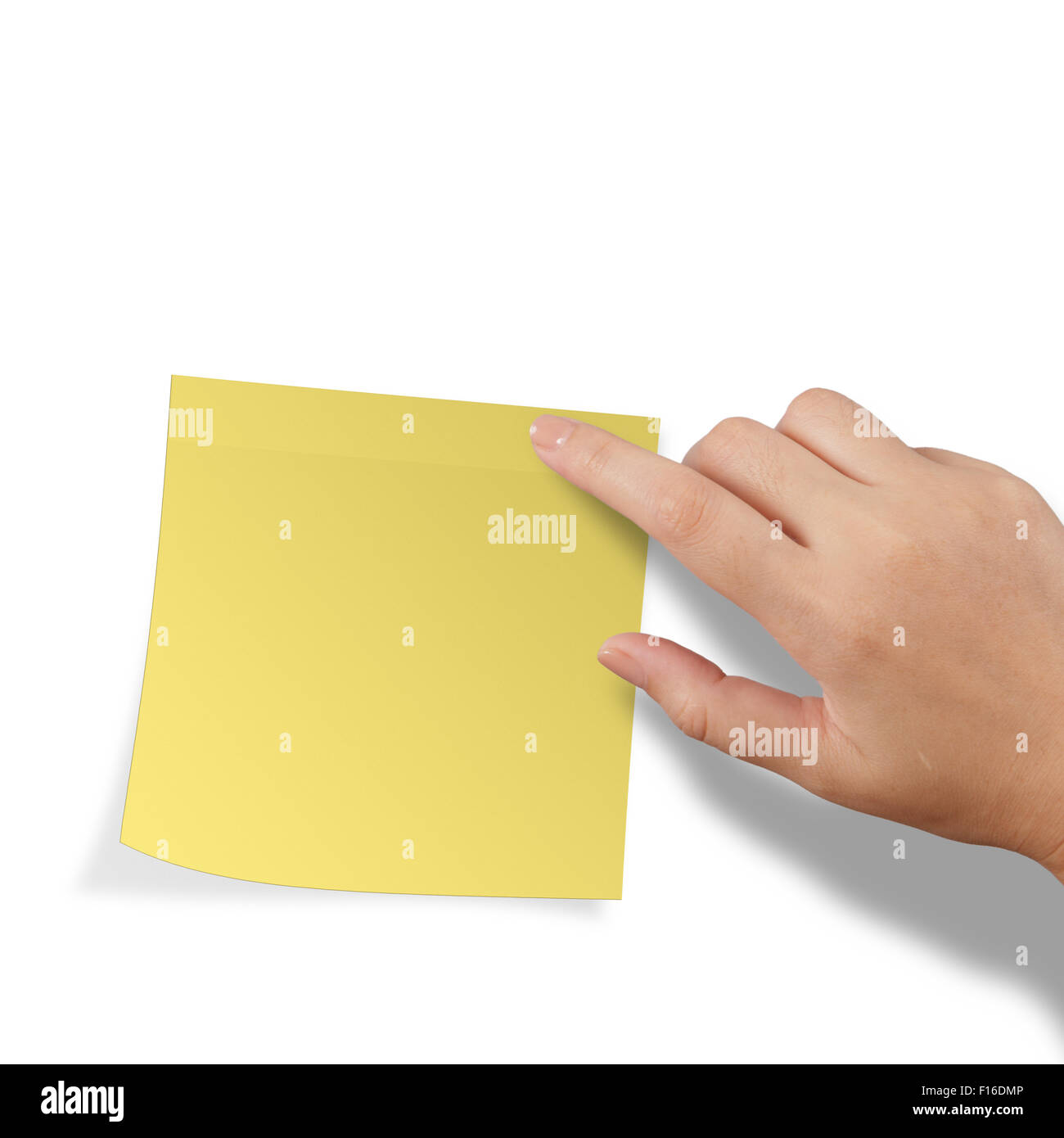 hand touch blank yellow sticky note on white background Stock Photo - Alamy