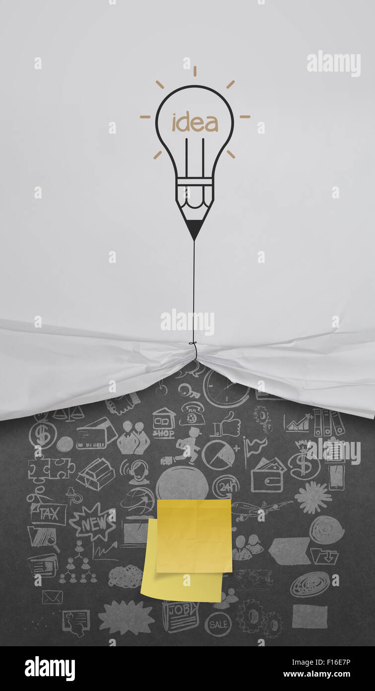 pencil lightbulb draw rope open wrinkled paper show blank sticky note ...