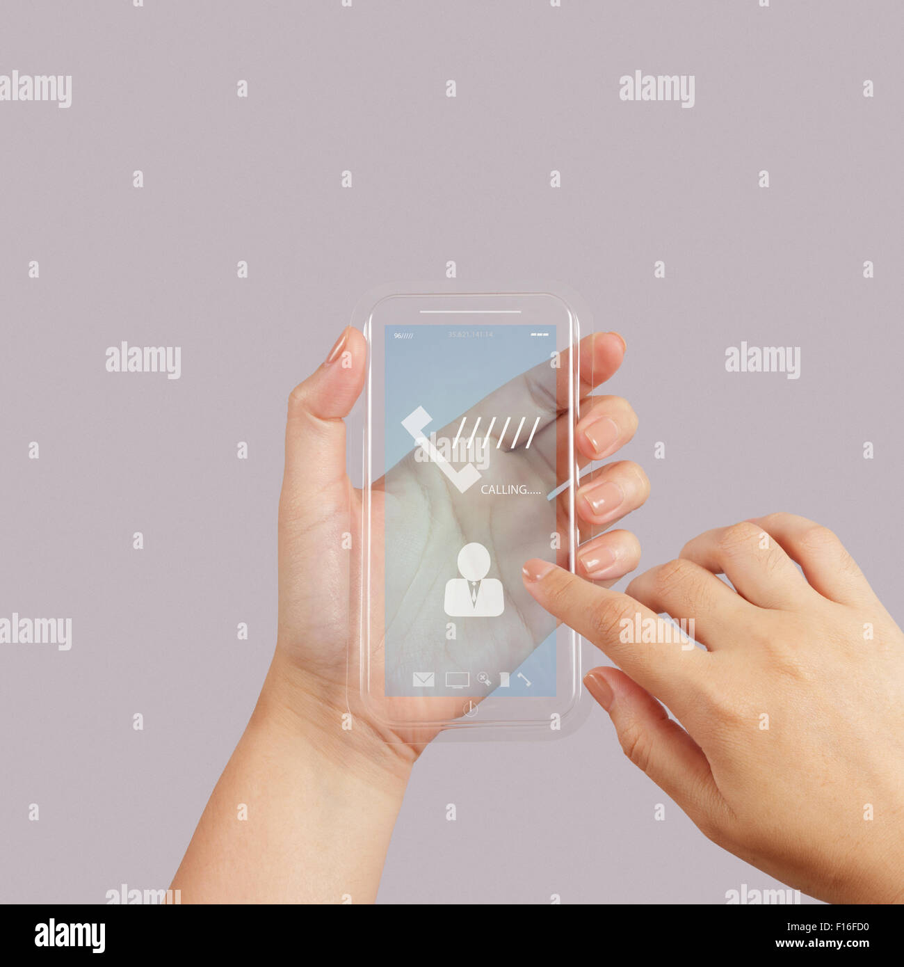 hand use Touch screen mobile phone with social network icon as concept ...